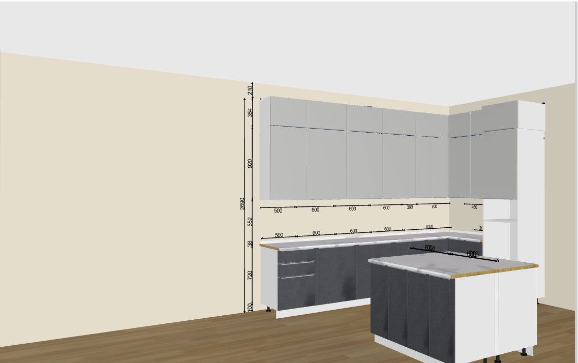 Кухня фьюжн с островом 3300-1850 высота 2700 со столешницами с верхними модулями