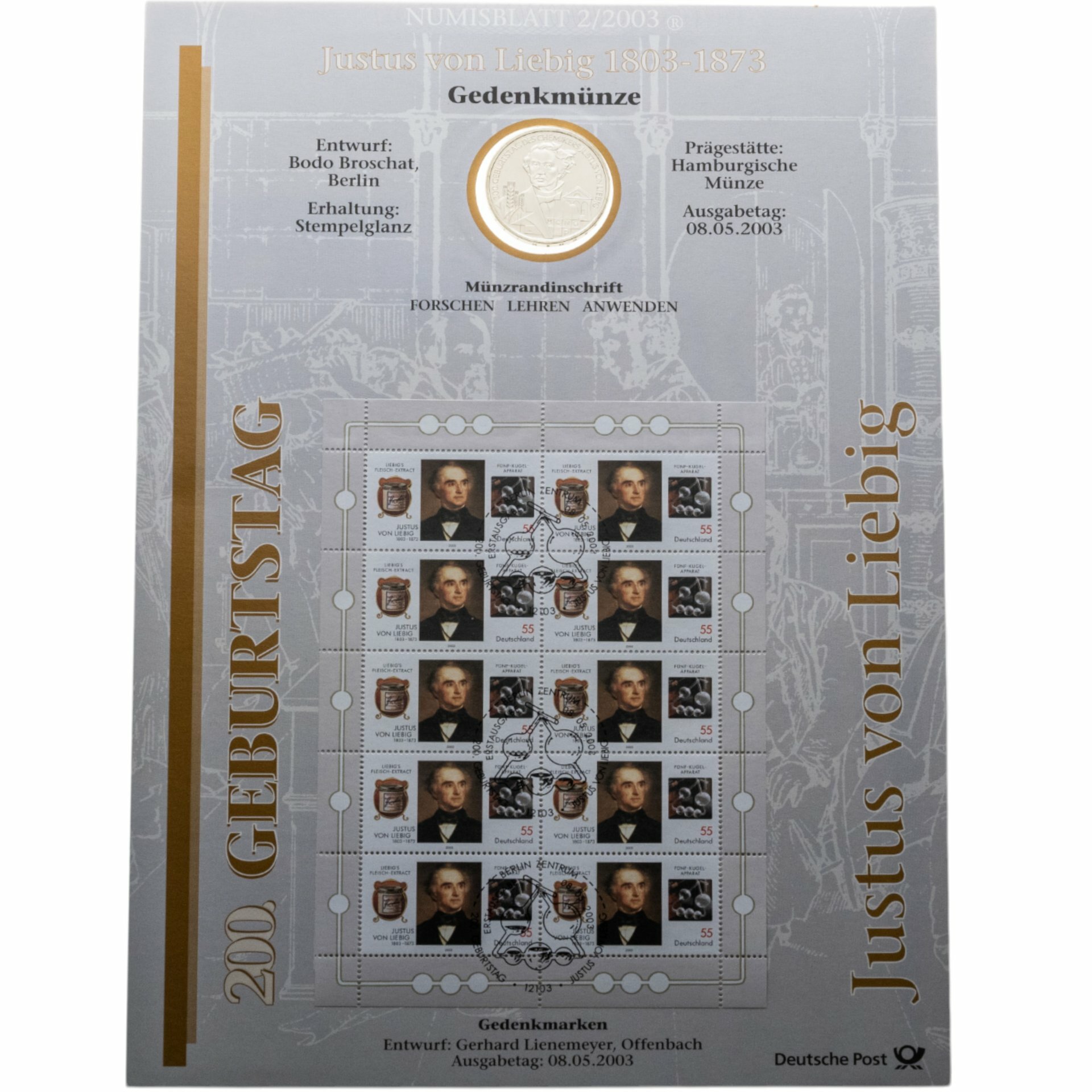 Германия 10 евро 2003 "200 лет со дня рождения Юстуса фон Либиха" в блистере с марками, Серебро 925, в сохранности BUNC