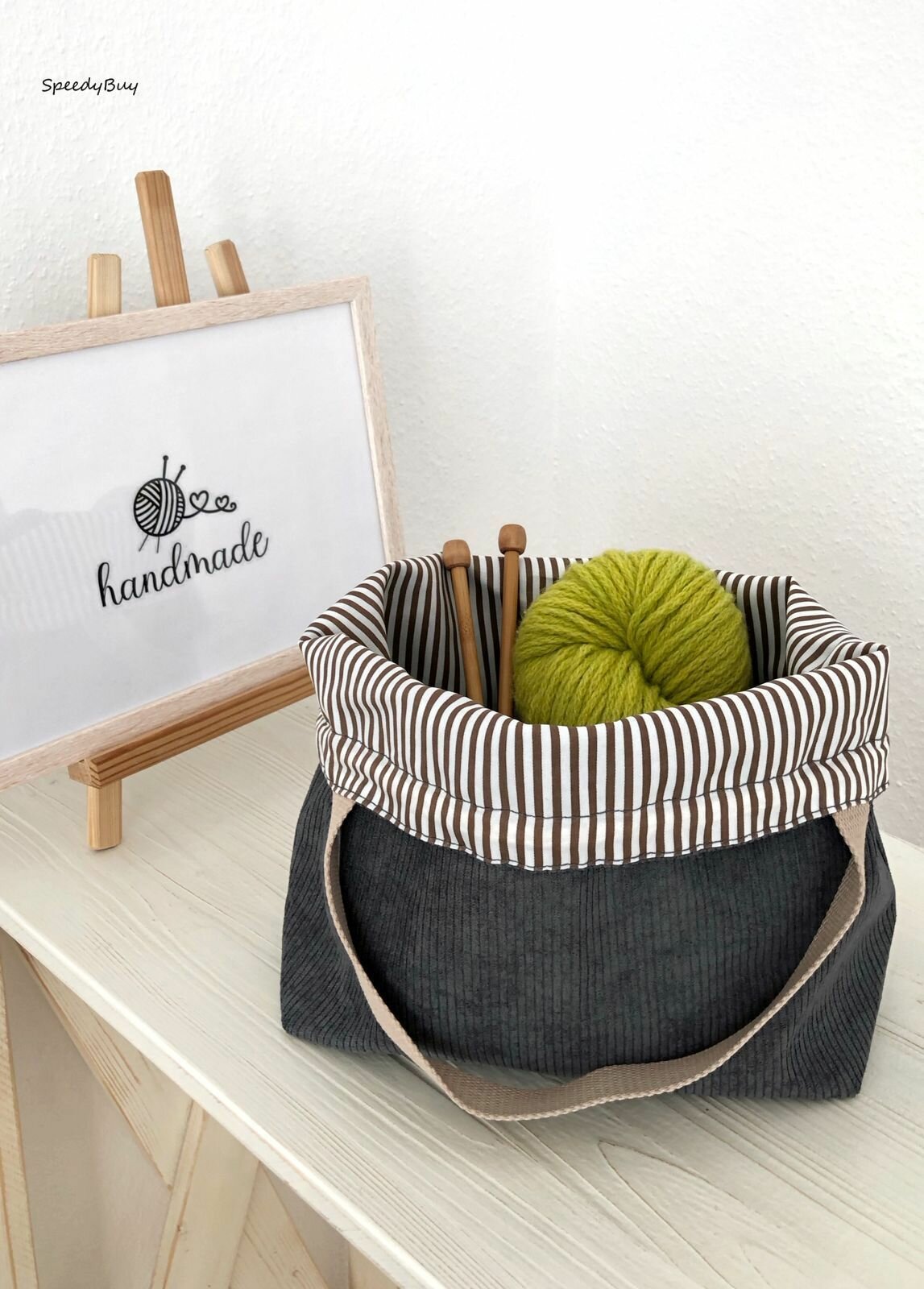 Проектная сумка для вязания 252513.5 см, вместительная клубочница с прочными ручками из стропы и хлопковым шнурком для мотков и инструментов, удобный органайзер для спиц и крючков