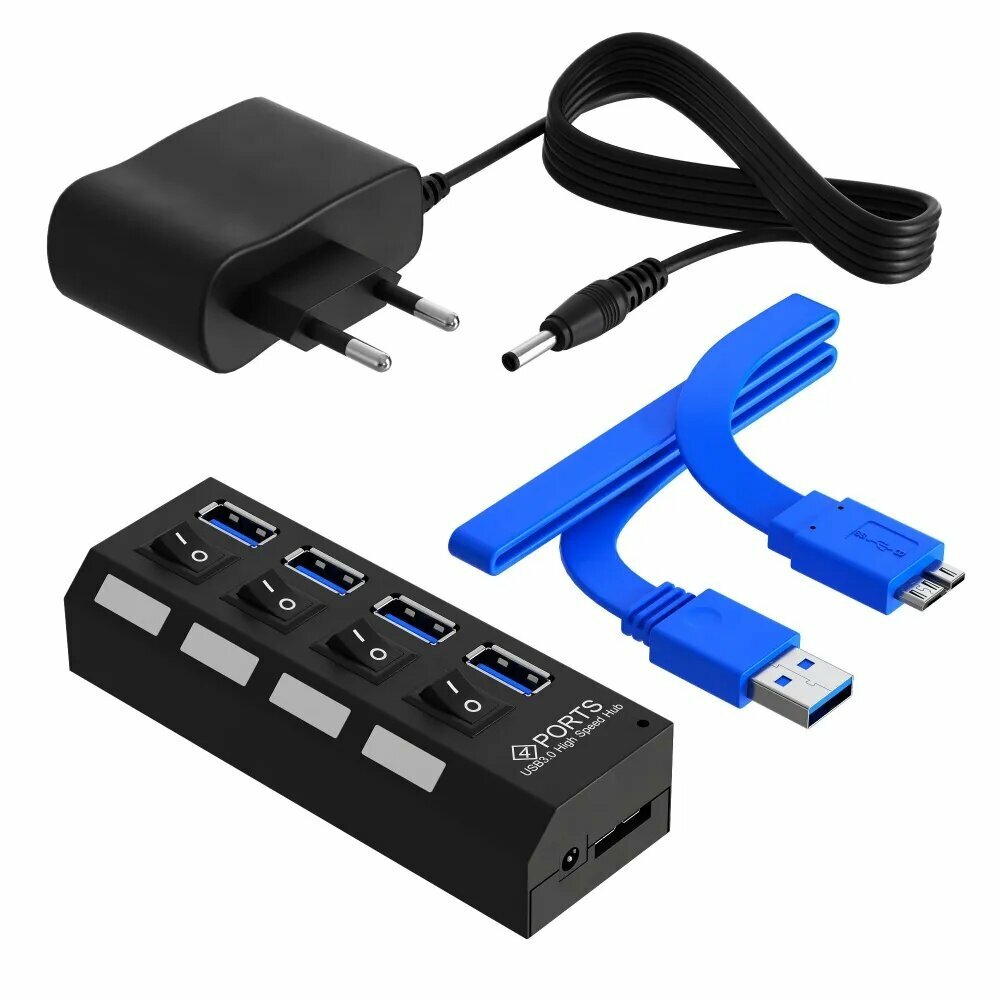 Активный USB-концентратор (Хаб) на 4 порта с питанием HRS AR-21 на 1x USB 3.0 + 3x USB 2.0 с сетевым адаптером (50 см) (USB 3.0 - AM/MicroBM) (Черный)