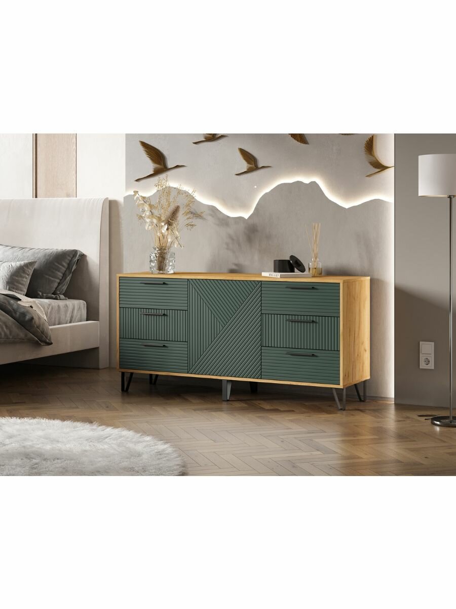 Комод Флэш МДФ Дуб крафт/Браш Мени Грин, 6 выдвижных ящика,1 полка, МИФ