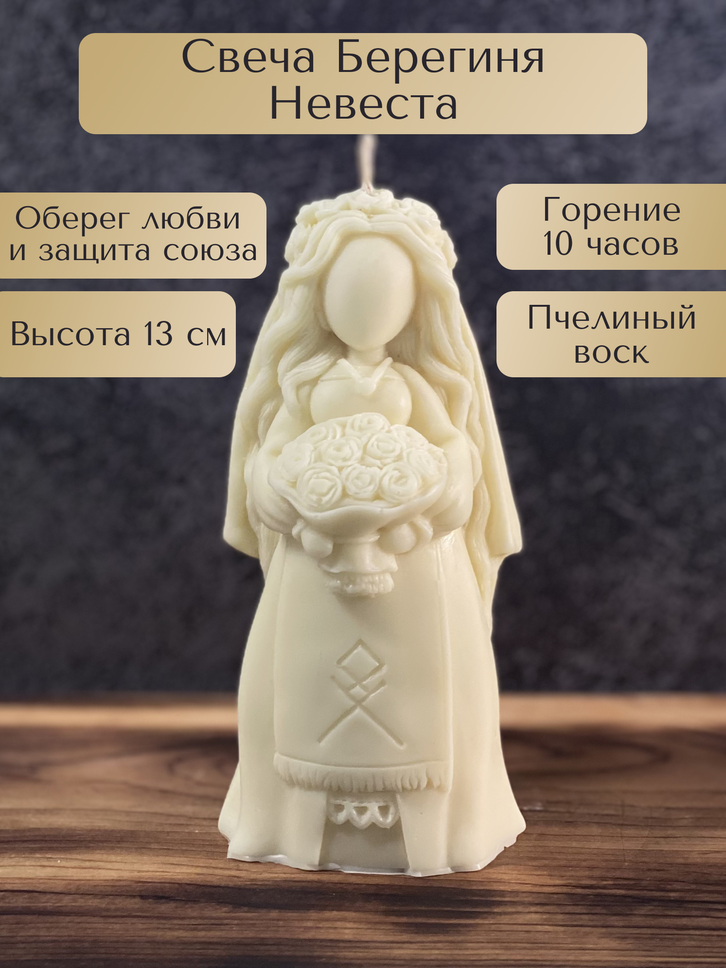 Свеча Берегиня Невеста из пчелиного воска Белый цвет yakonk 10 часов горения