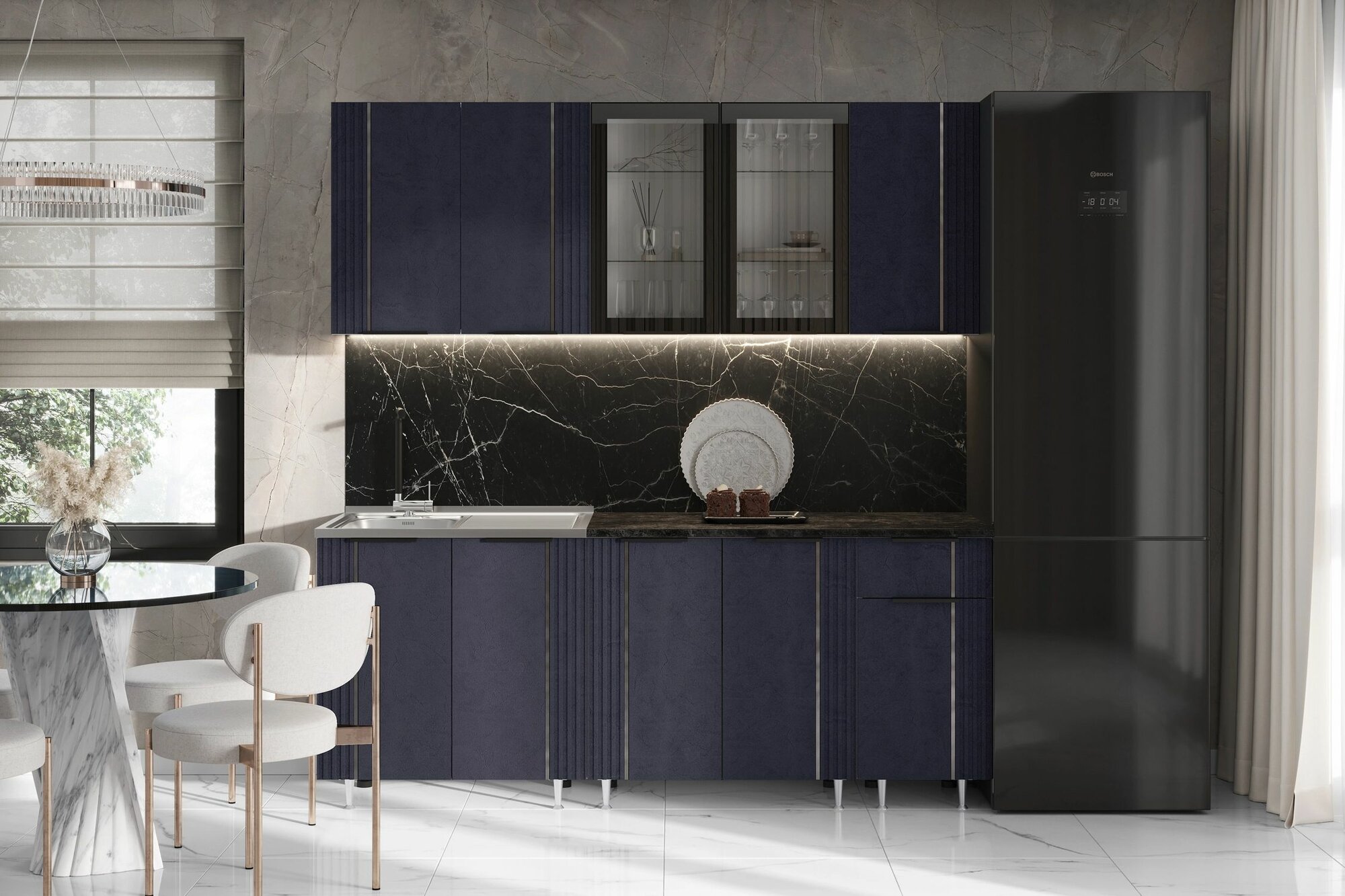 Кухня Виктория 2,0м (490) (Пластер Индиго, Белый (Кастилло темный))