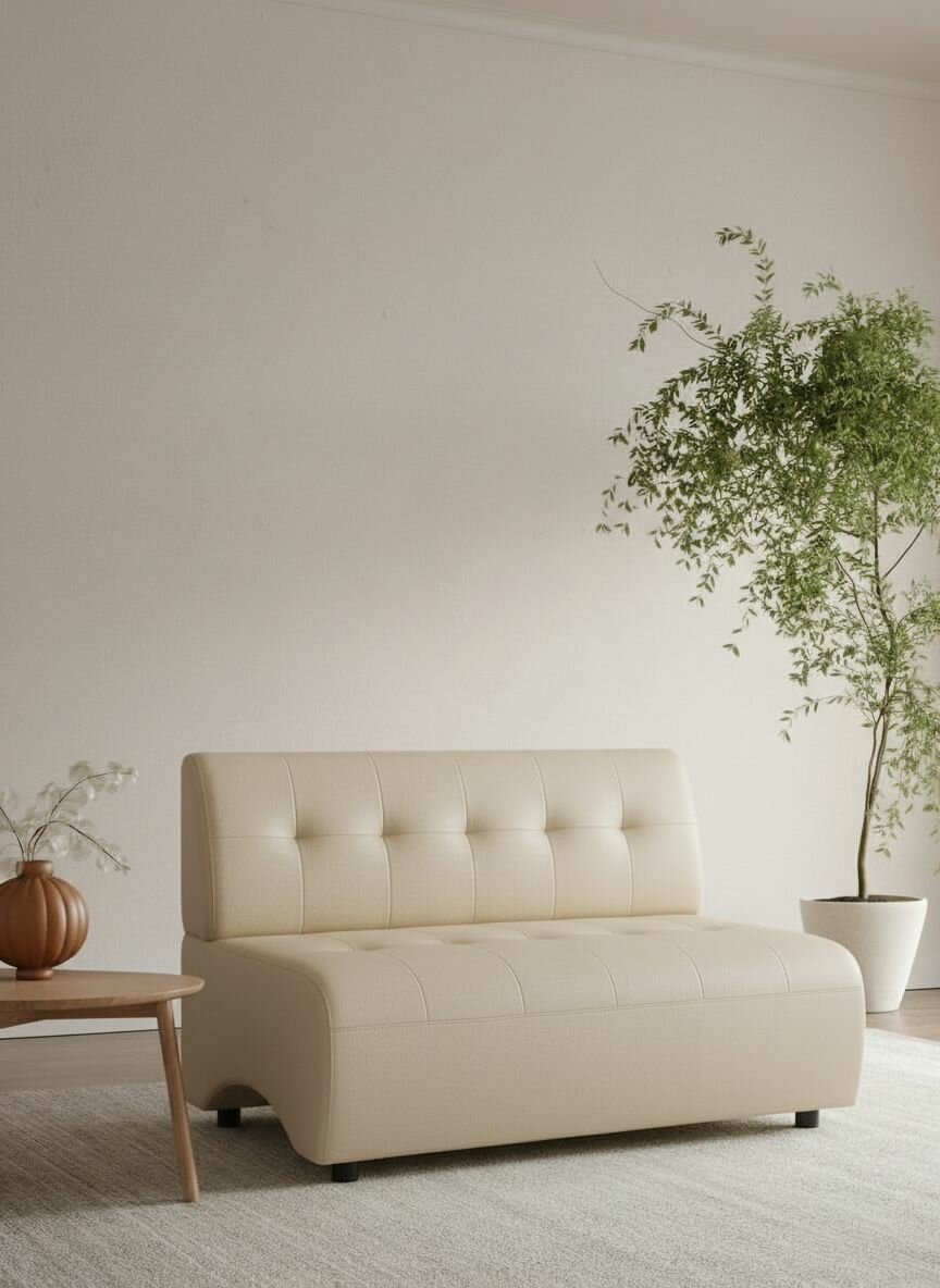 Диван прямой Вега без подлокотников кремовая кожа . Офис, дом, салон красоты, прихожая, гостиная, зона ожидания.