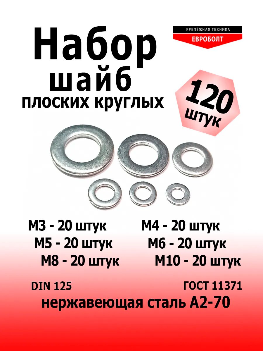 Шайбы плоские М3,4,5,6,8,10 нержавеющие А2 DIN125 по 20 шт.