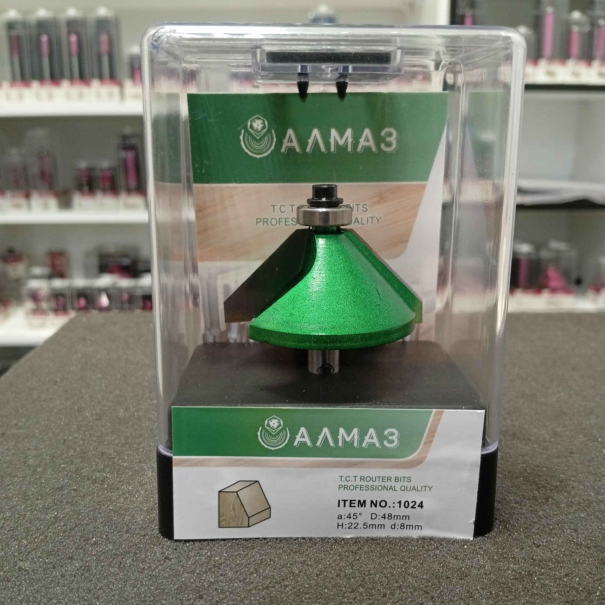 Фреза конусная с подшипником Угол 45 алмаз 1024 D:48mm I:22,5 mm d:8 mm Угол 45 градусов