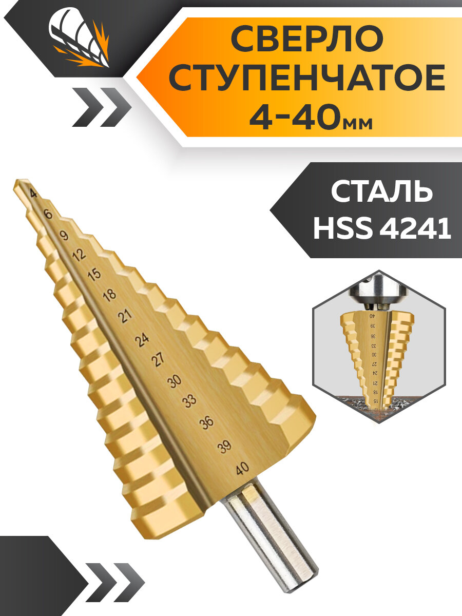 Сверло ступенчатое по металлу 4мм-40мм, быстрорежущая сталь HSS с титановым покрытием