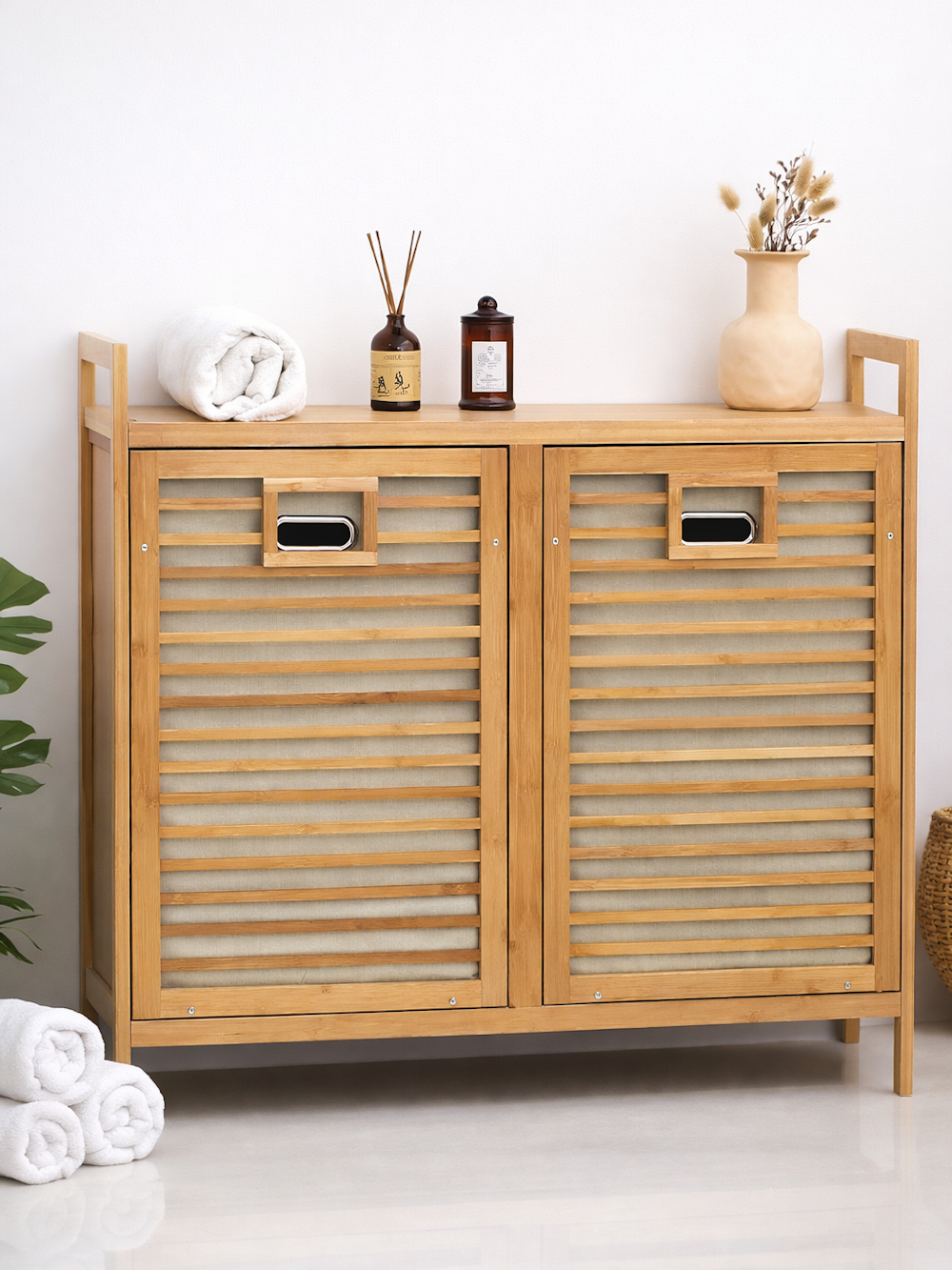 Стеллаж в ванную с корзиной для белья, этажерка для ванной Bambuchka, 80х30х72 см, натуральный бамбук