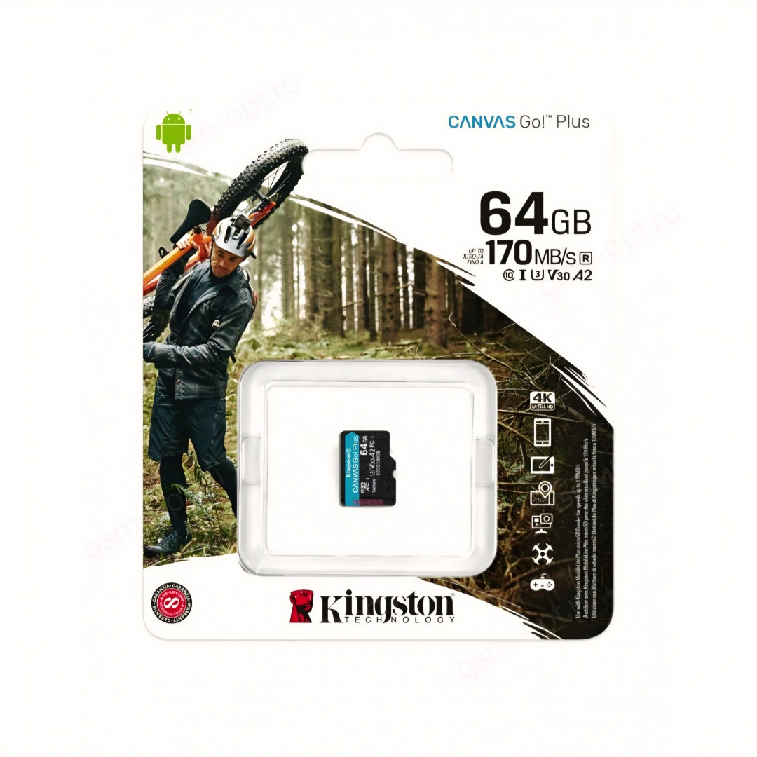 Карта памяти MicroSD 64GB - Class10, Kingston Canvas Select Go Plus (170/ 70 Mb/s) , без адаптера
