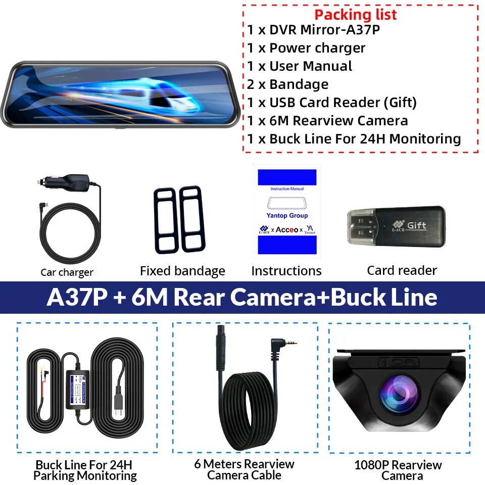 E-ACE 4K Автомобильный видеорегистратор Зеркало Ultra HD 3840*2160P A37P 6M RCC-BL, 32 ГБ