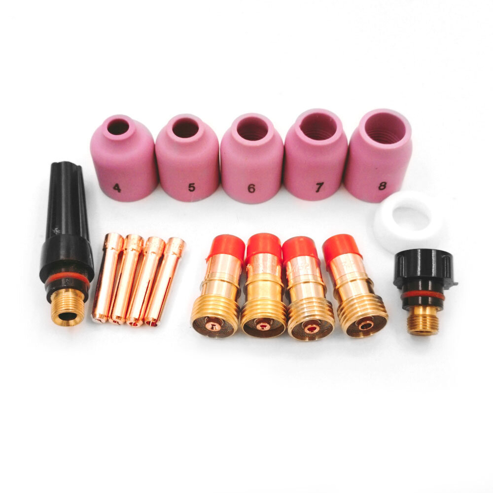 16PCS Набор кольцевых насадок и защитных чехлов для точечных сварочных горелок TIG, короткий газовый линза для точечных сварочных горелок WP17/18/26, материал керамика+металл, 5 насадок газовых линз (размеры #4 D6.5x42mm, #5 D8.0x42mm, #6 D9.5x42mm, #7