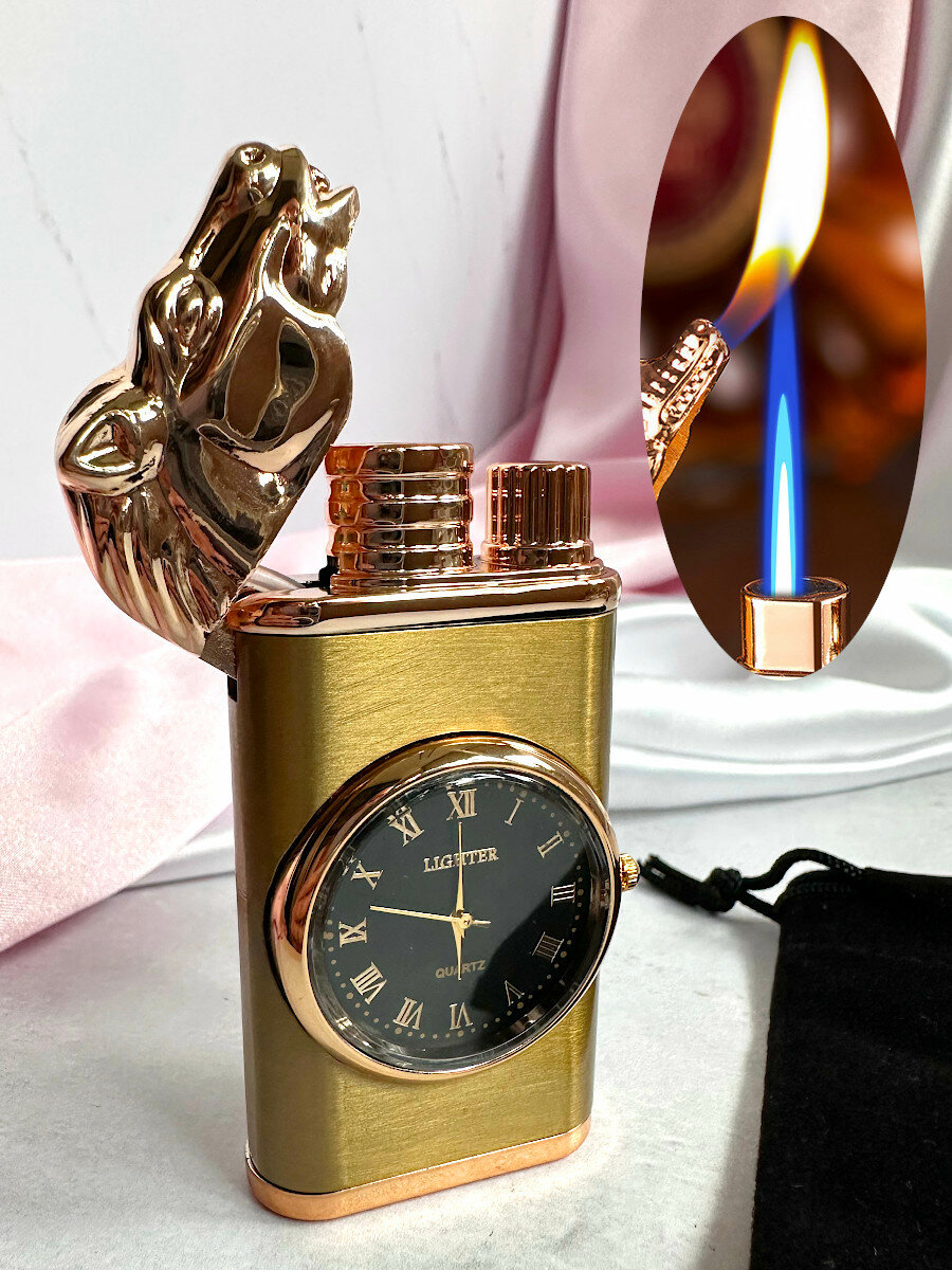 Пьезозажигалка "Лошадь" с часами, двойное пламя, золотая