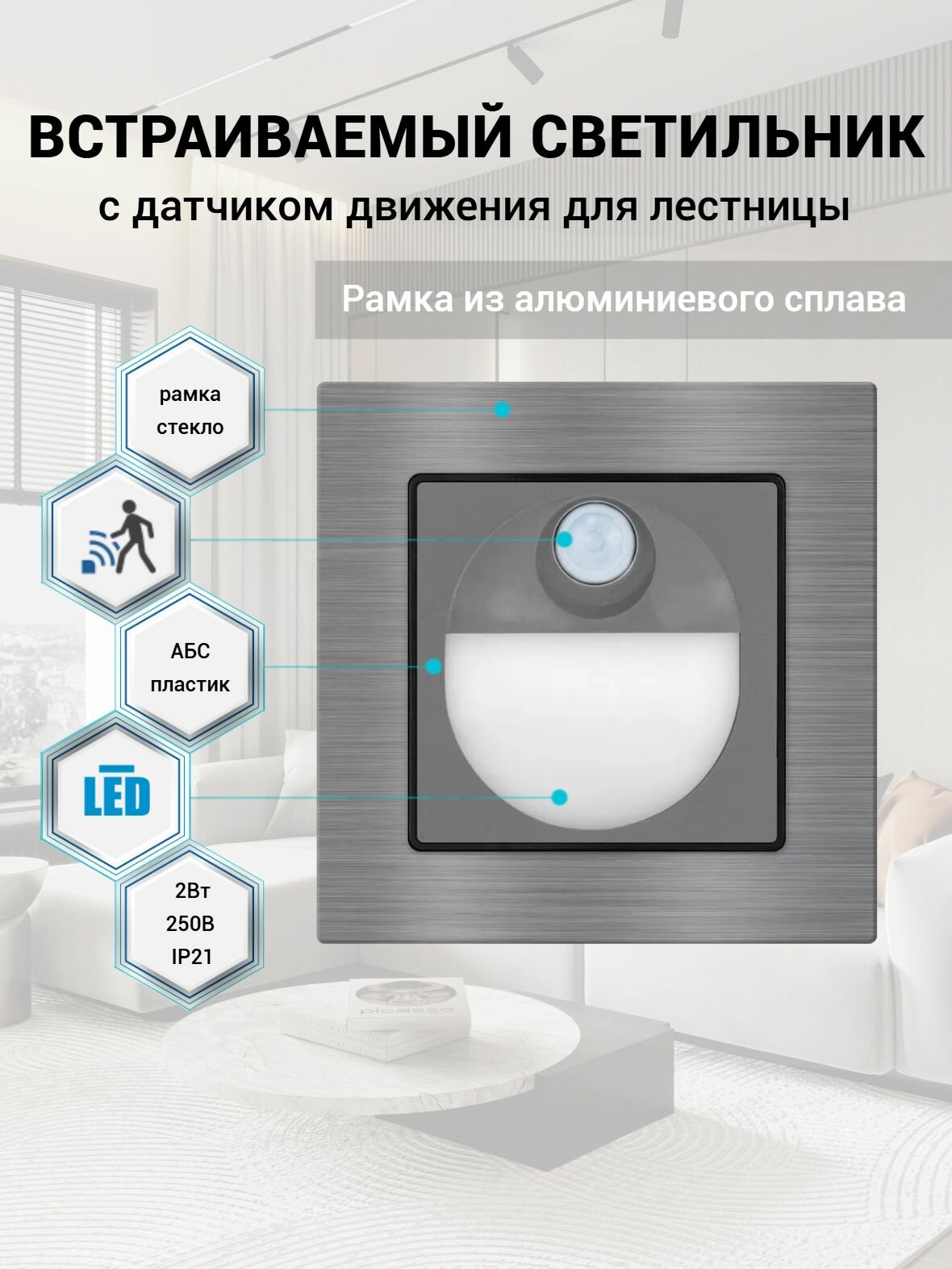 Встраиваемый светильник для лестницы с датчиком движения, рамка из алюминиевого сплава 82*82*8mm, серый F6