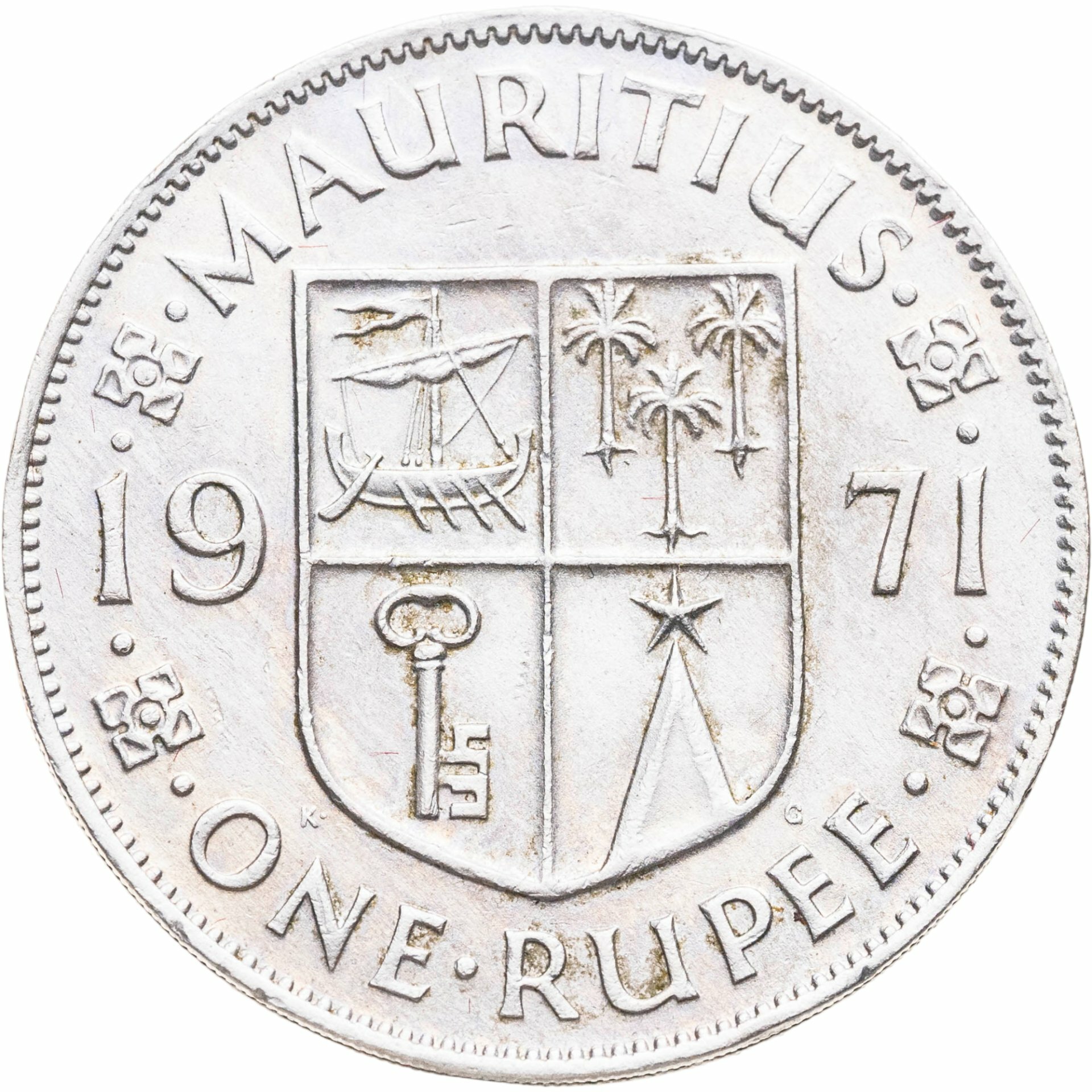 Маврикий 1 рупия rupee 1971 С жёлобом на гурте, Мельхиор медь-никель, в сохранности XF