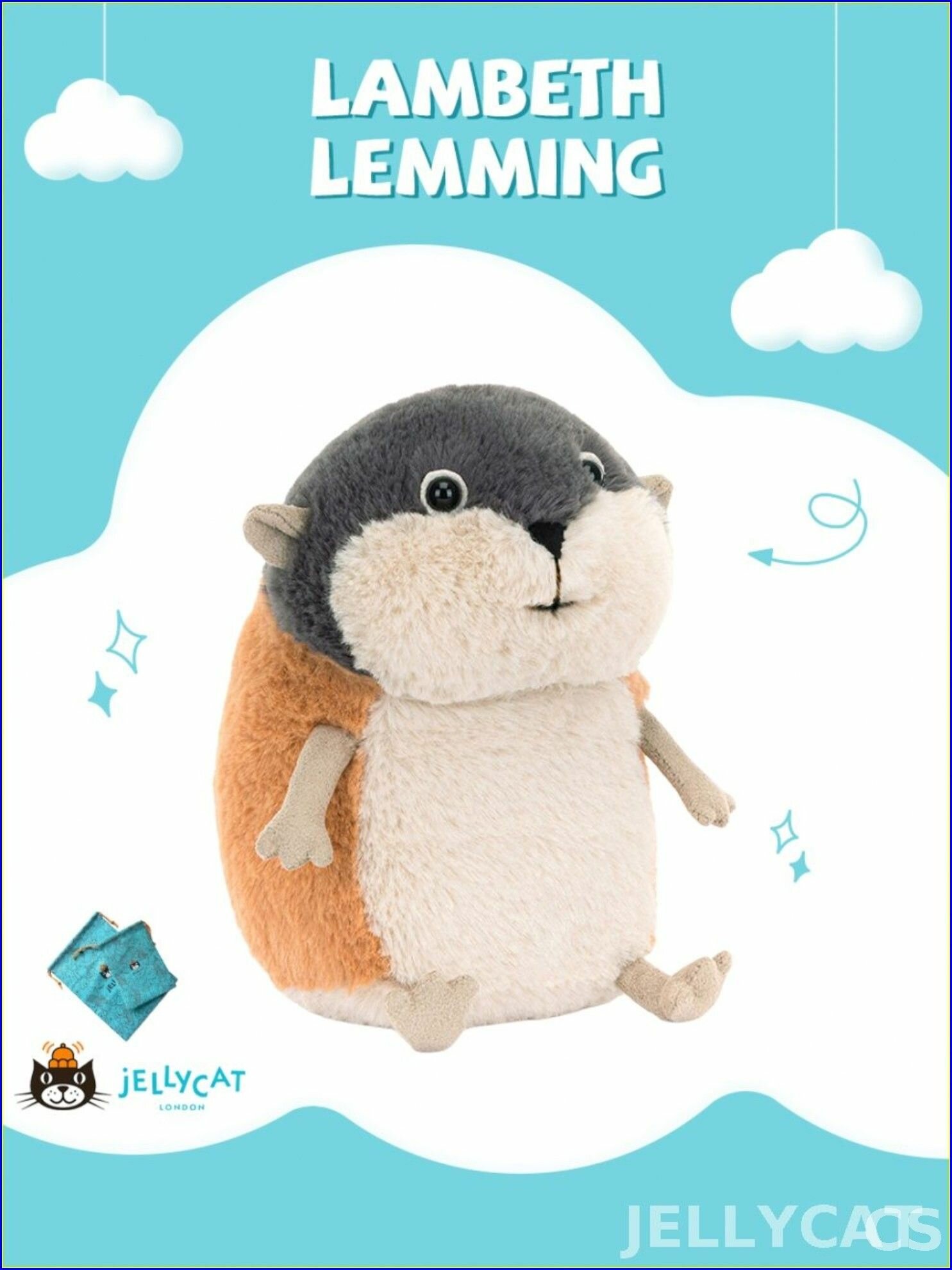 Бестселлер JELLYCAT Lambeth Lemming в бежевых и серых тонах