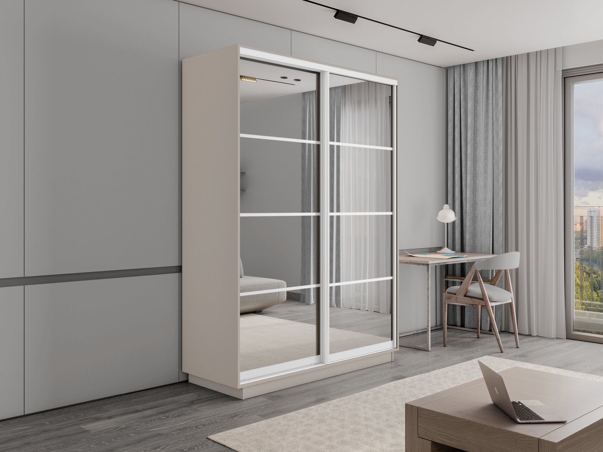 Шкаф-купе Вилли С4 2-х дверный, зеркальные двери, (белый профиль) 120х45х220 см. Кашемир