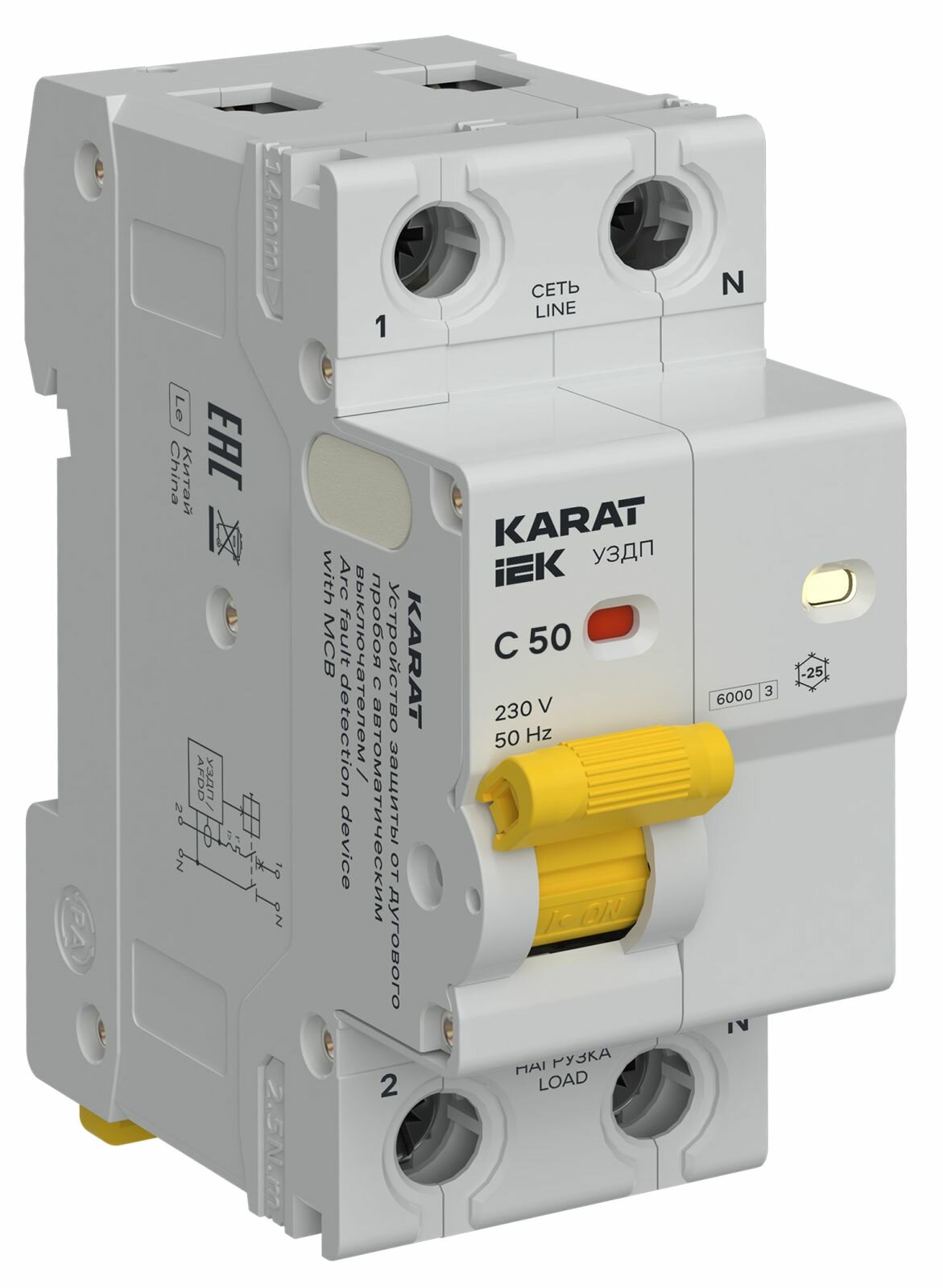 Устройство защиты от дугового пробоя IEK с функцией обнаружения опасного искрения, совмещен с автоматом, номинальный ток 50 А
