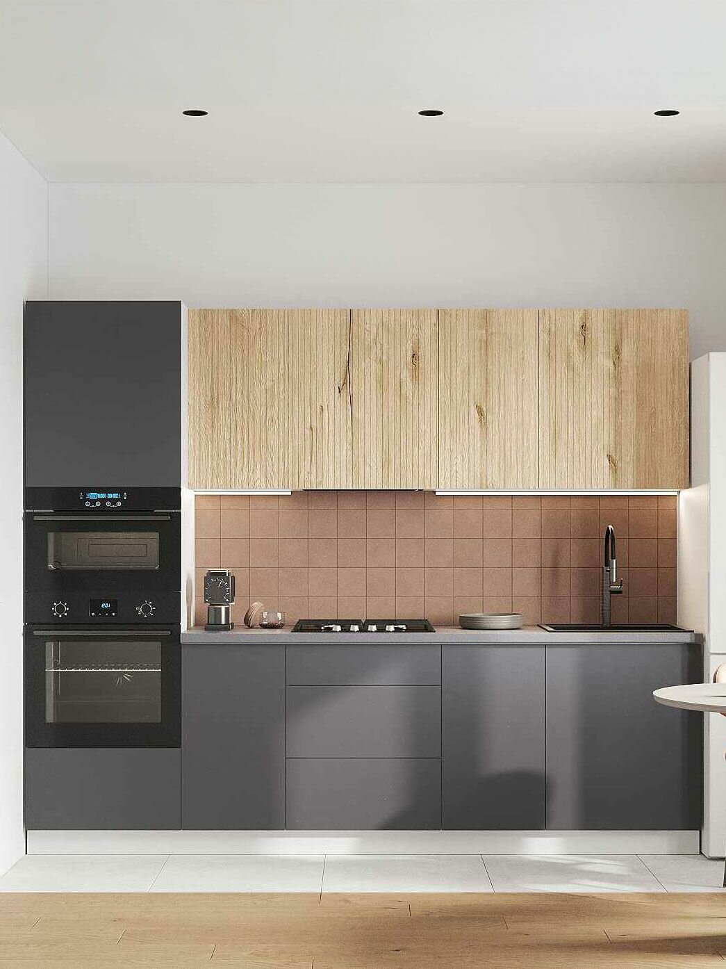 Кухонный гарнитур Комби 2.6 м, мебель для дома и кухни, Белый / Дуб Торонто / Графит