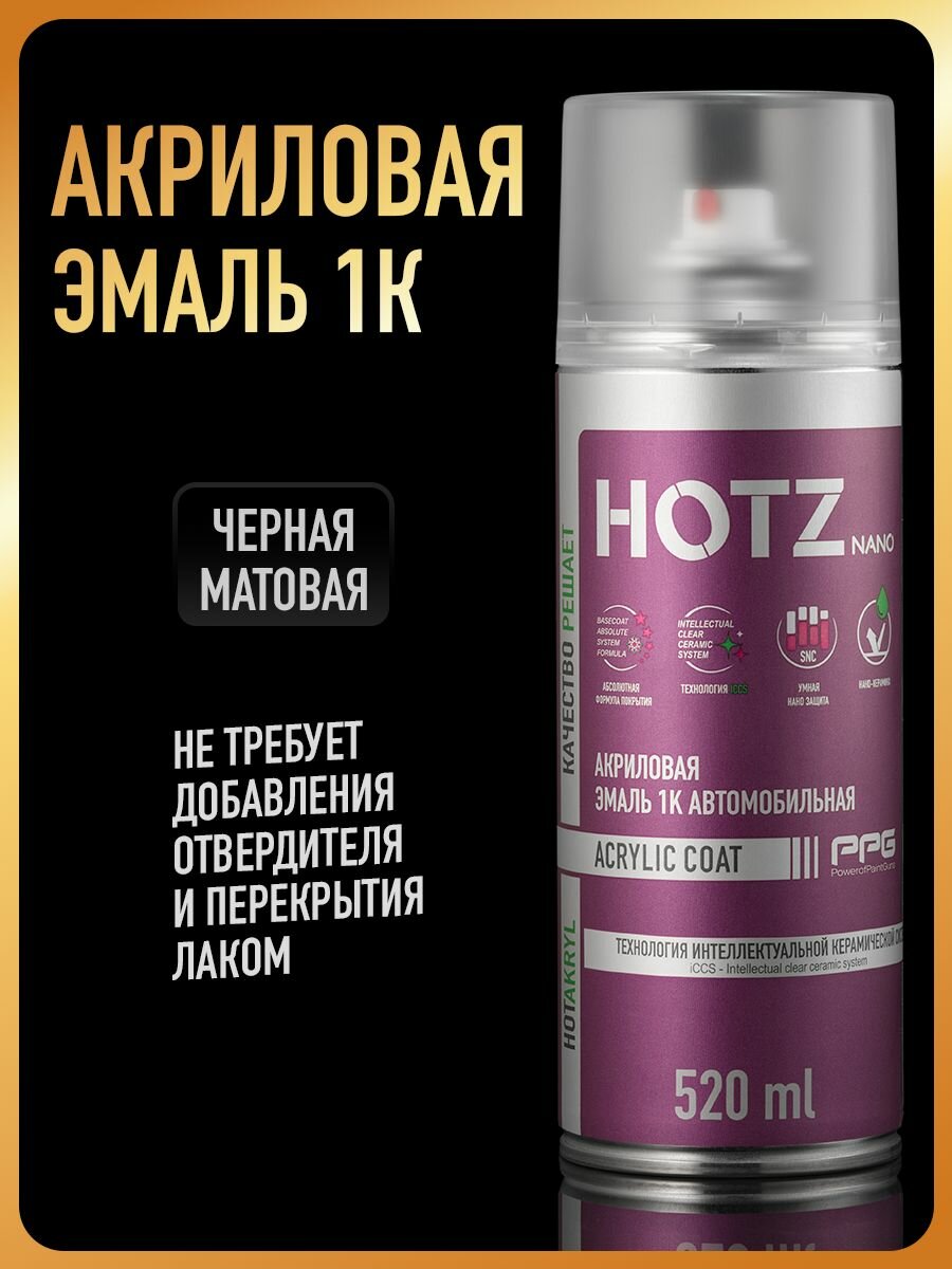 Акриловая краска автомобильная 1К Черная матовая, 520 мл (не требуется отвердитель), HOTZ