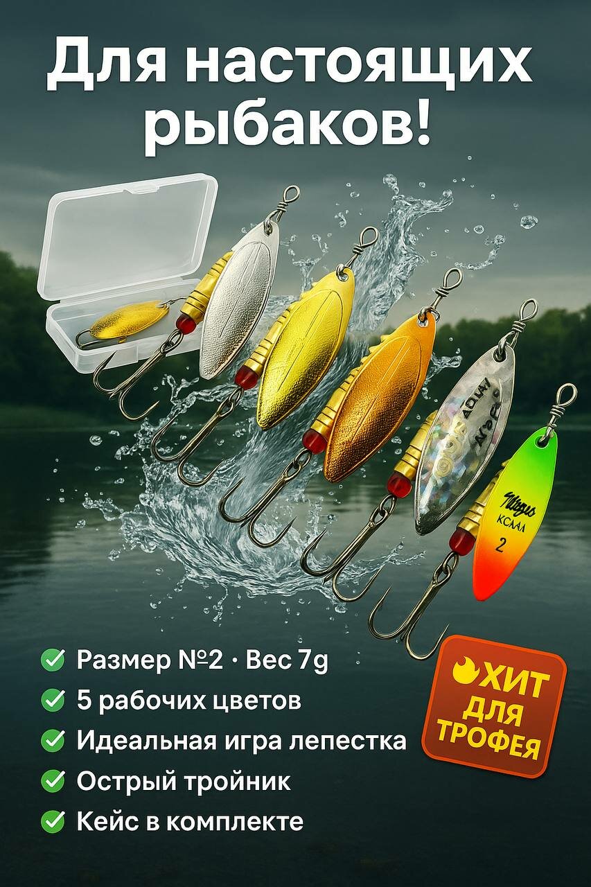 Набор блесен вертушек для рыбалки 5 штук по 6 гр.