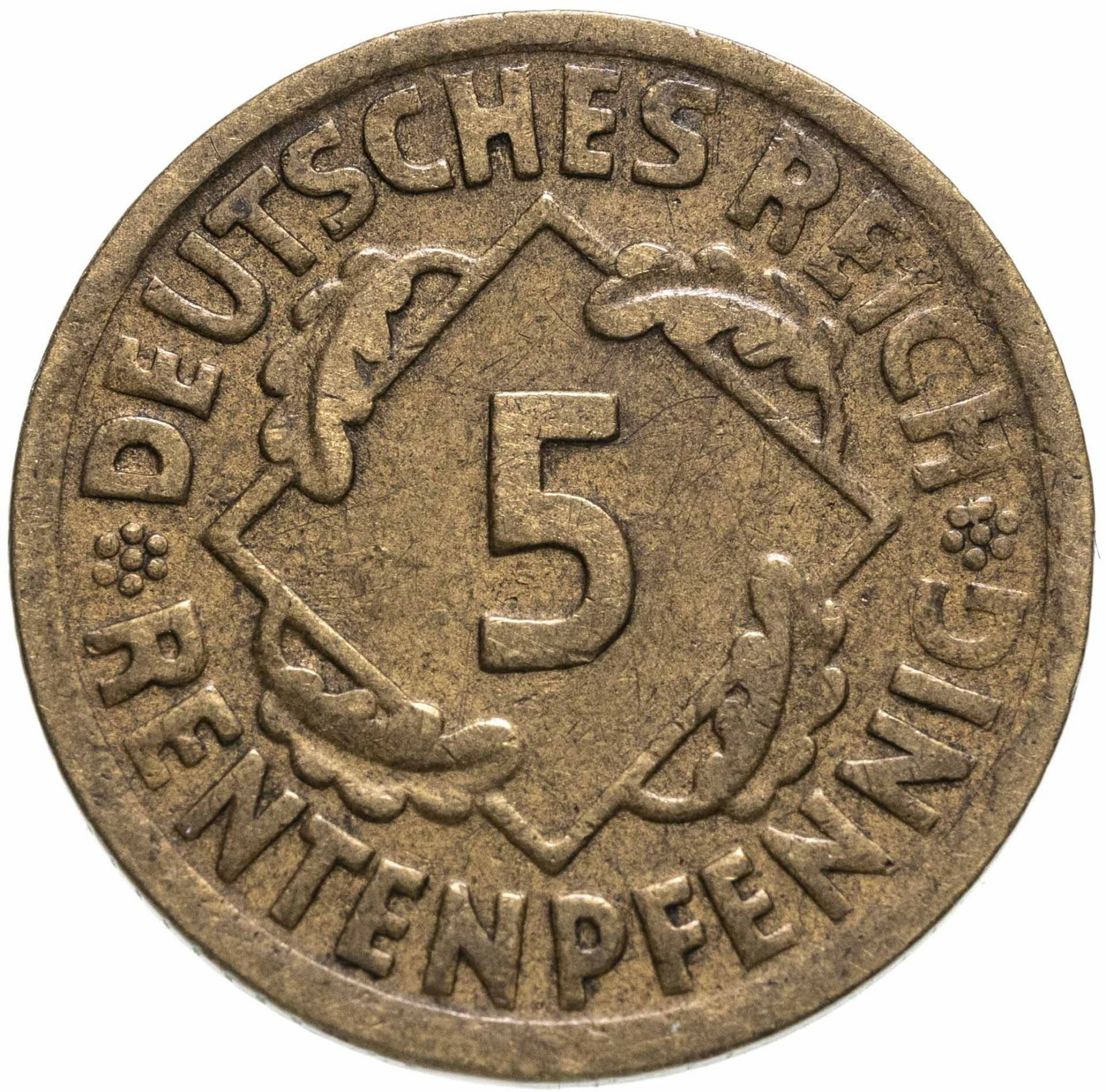 Германия 5 рентенпфеннигов 1924, знак монетного двора "F" — Штутгарт, Бронза, в сохранности VF