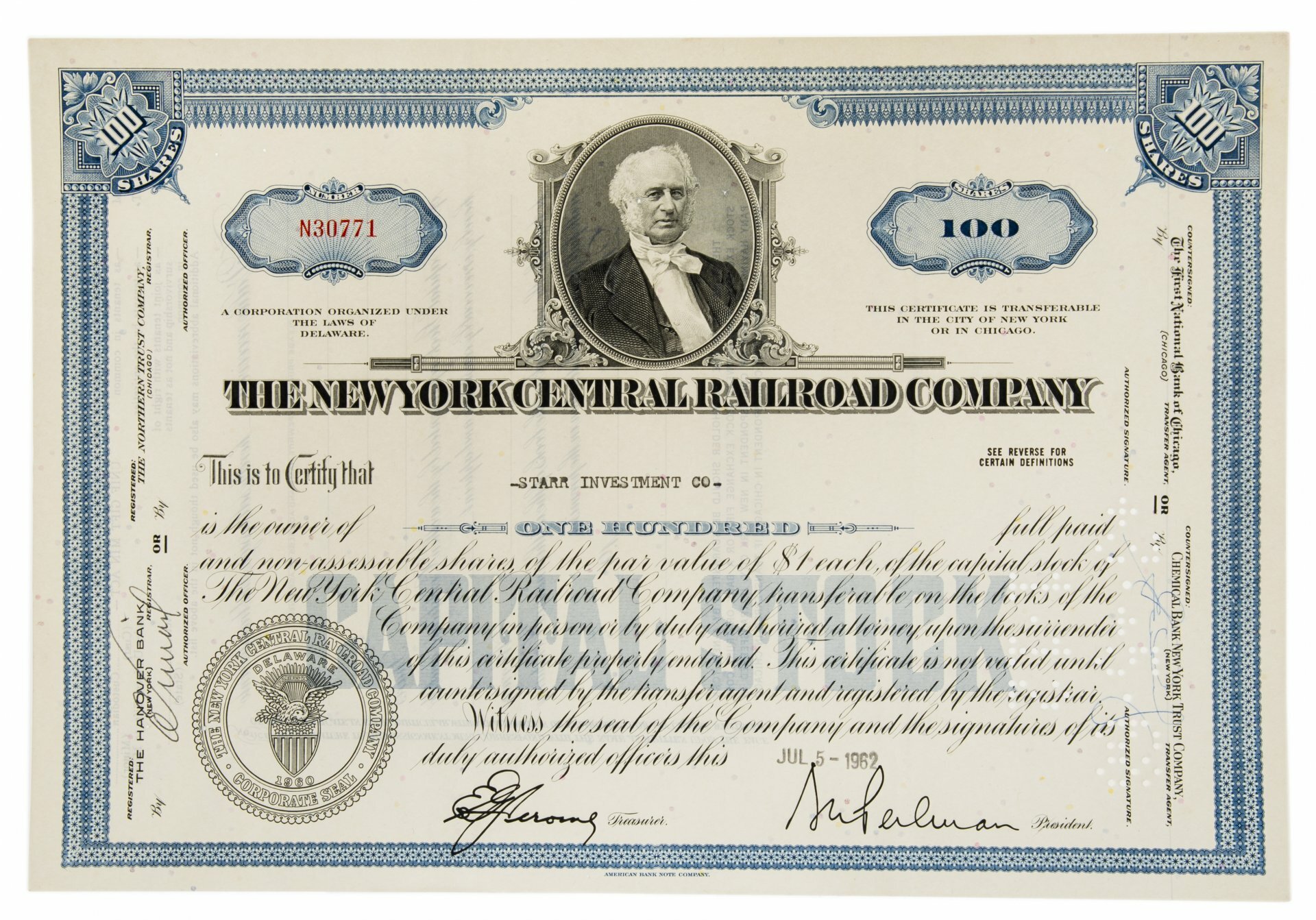 Акция США THE NEW YORK CENTRAL RAILROAD COMPANY , 1952-1966 гг