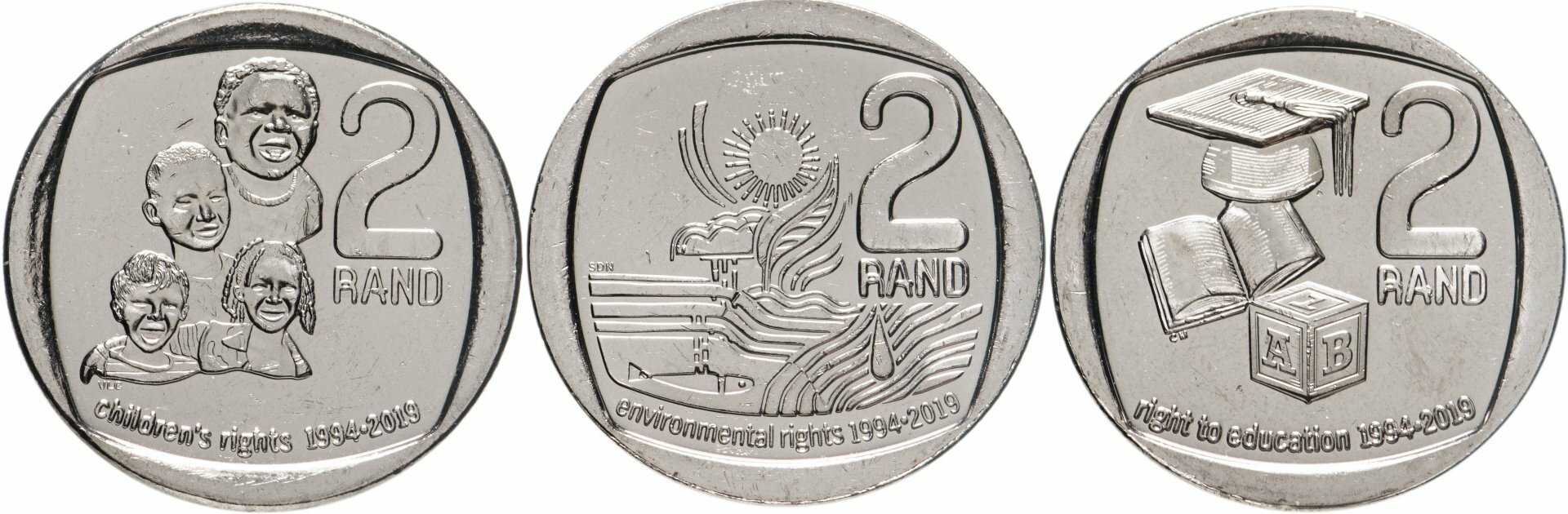 Южная Африка ЮАР - набор 3 шт х 2 ранда 2019 "25 лет демократии, Права детей, Право на образование", Медь, в сохранности UNC