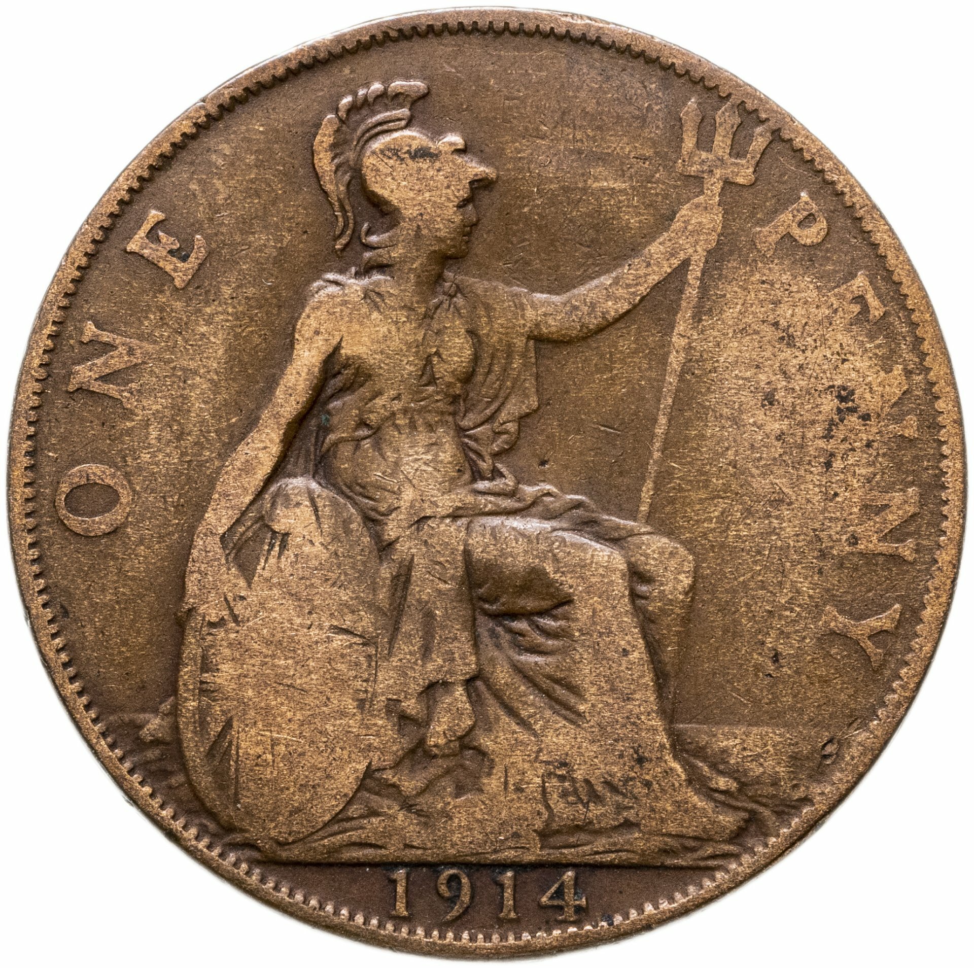 Великобритания 1 пенни penny 1914, Бронза, в сохранности F-VF