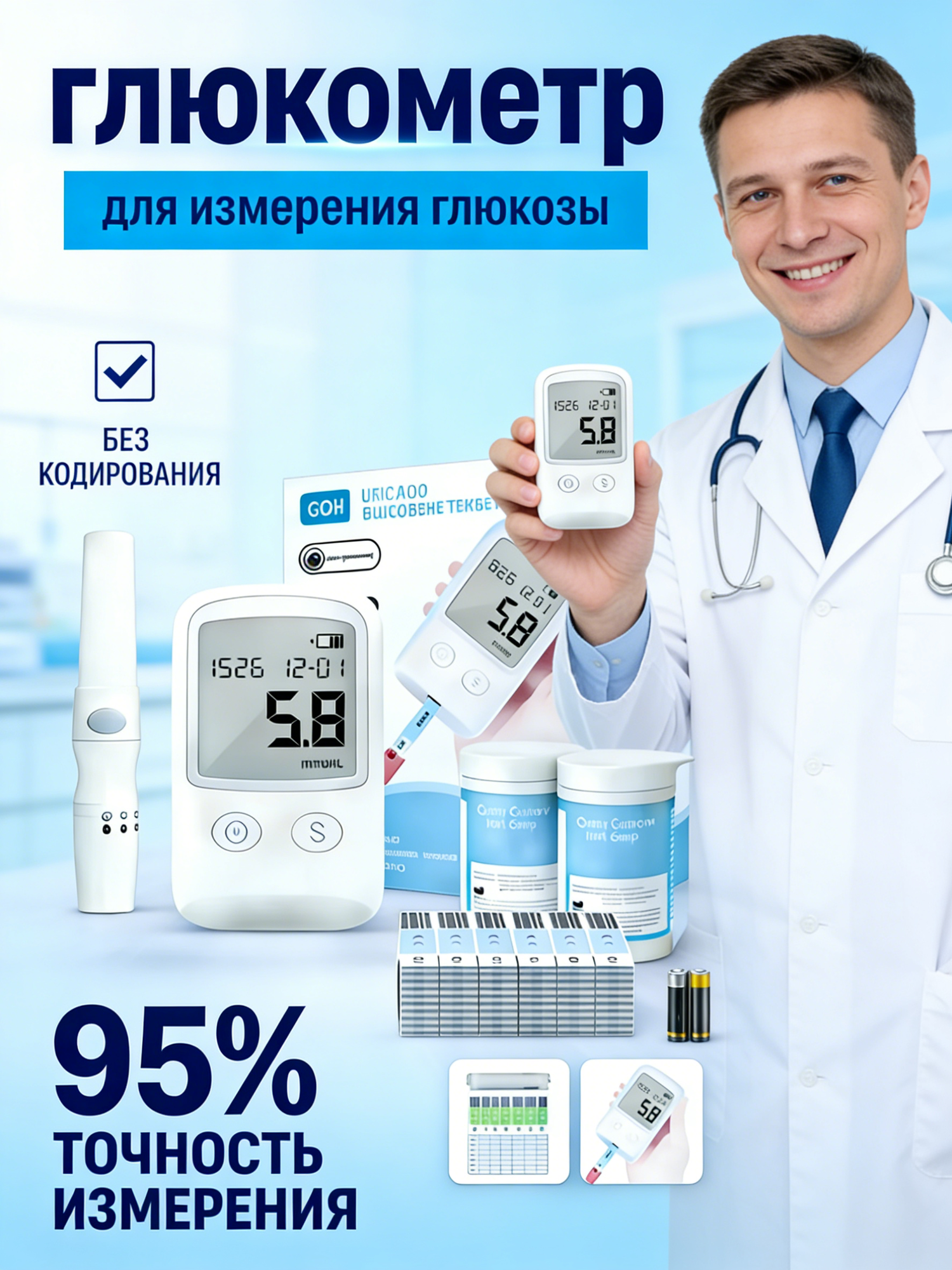 Глюкометр + 50 тест-полосок + ланцетов в наборе, измеритель сахара в крови, мониторинг глюкозы при сахарном диабете