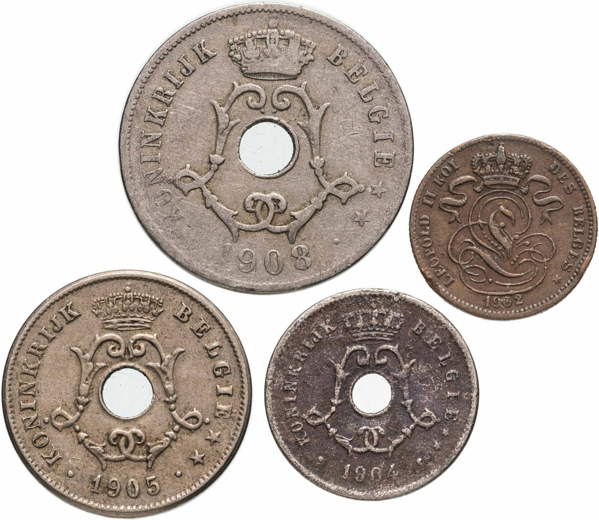 Бельгия набор монет 1902-1908 4 шт Леопольд второй, Медь, Мельхиор, в сохранности VF-XF