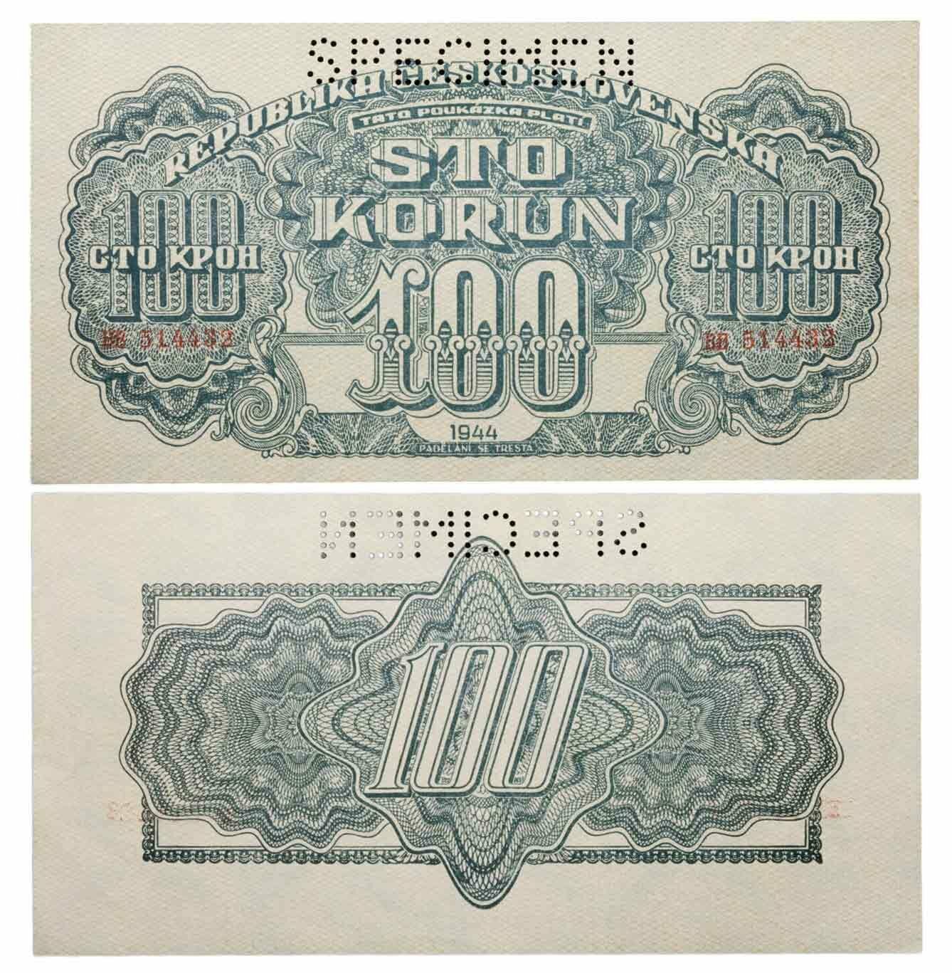 Чехословакия 100 крон 1944, образец SPECIMEN