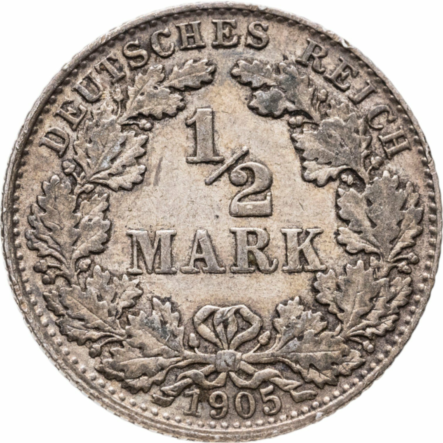 Германия 1/2 марки mark 1905 Знак монетного двора: "D" - Мюнхен, Серебро 900, в сохранности AU