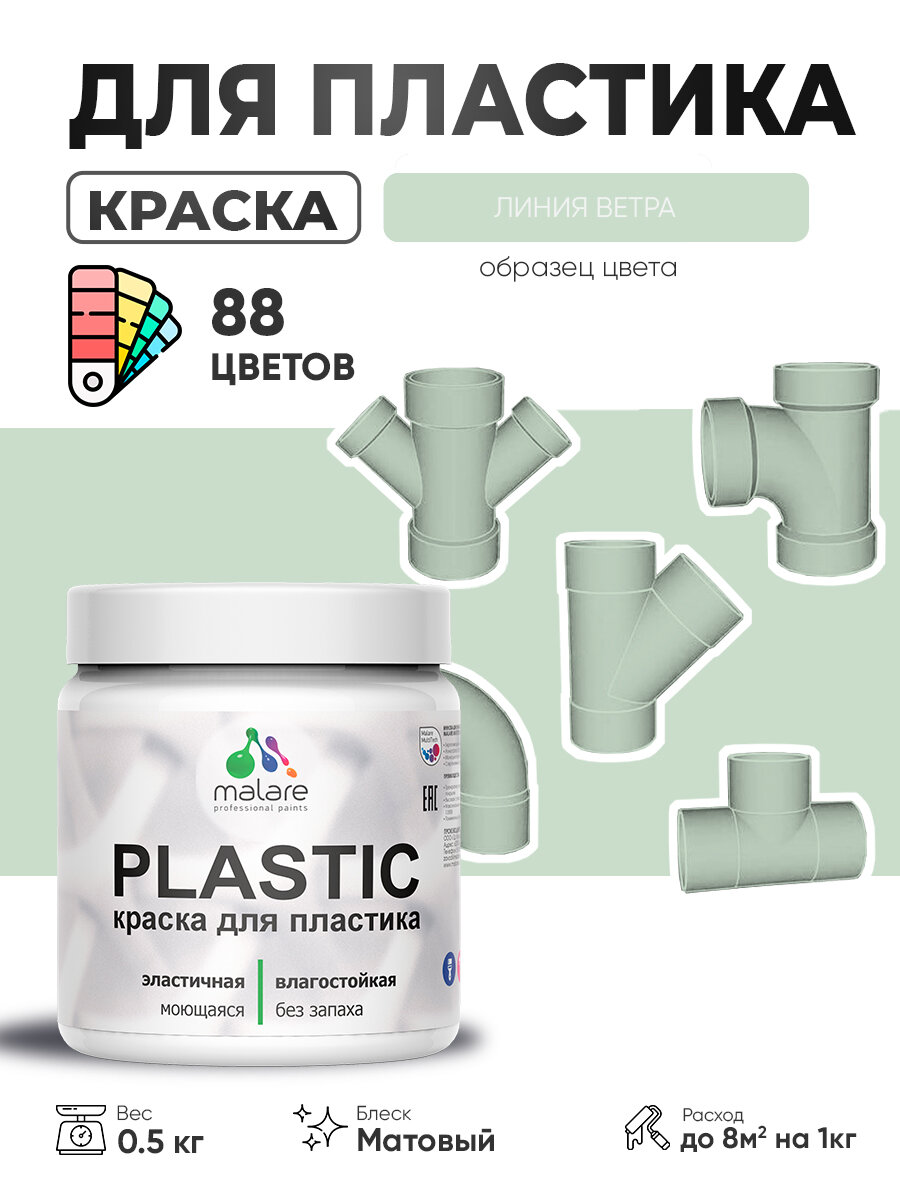 Акриловая краска для пластика Malare Plastic для пенопласта ПВХ сайдинга, для подоконников и откосов, быстросохнущая без запаха, матовая, линия ветра, 0.5 кг