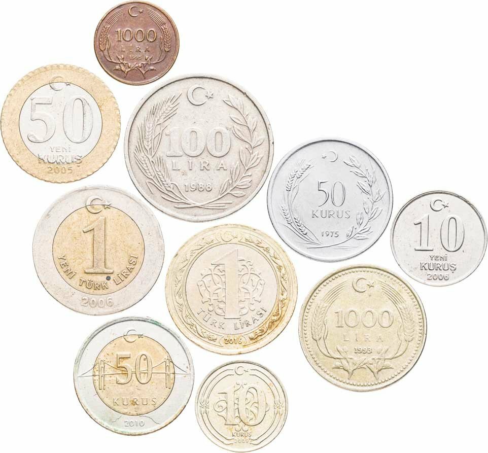 Турция набор из 10 монет 10, 50 курушей, 1, 100, 1000 лир 1975-2016, Алюминий, в сохранности VF-AU