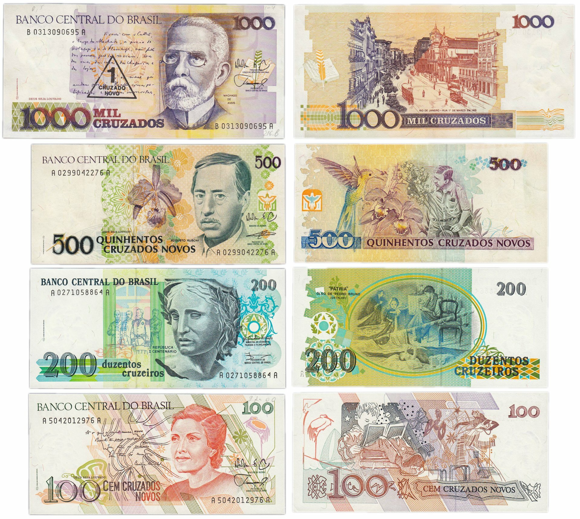 Бразилия набор из 4 банкнот 100, 200, 500, 1000 крузейро крузао 1990