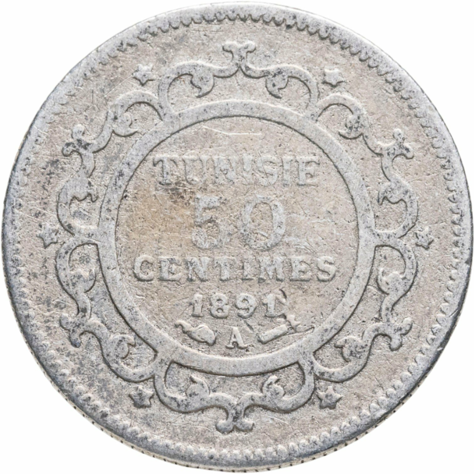 Тунис 50 сантимов centimes 1891, Серебро 835, в сохранности F