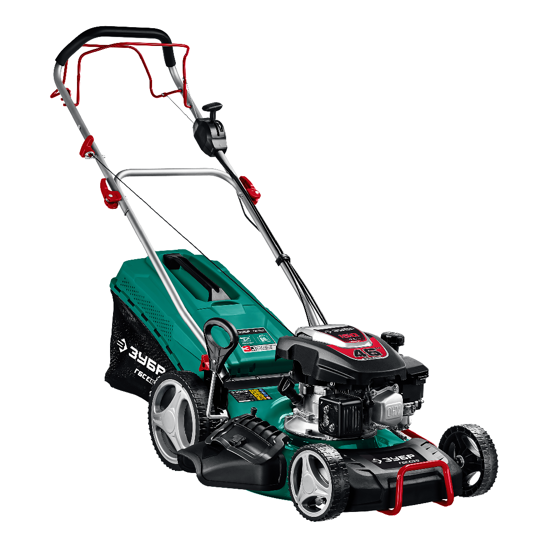 Газонокосилка бензиновая ЗУБР ГБС-460, 4-тактный, 4.5 л. с, травосборник 60 л, задний привод, зеленый