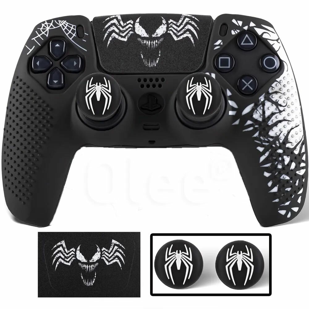 Нескользящий силиконовый чехол для контроллера PS5 с колпачками, для джойстиков x 2 и наклейкой x 1-Напечатайте черный паук + наклейка + вогнутая крышка