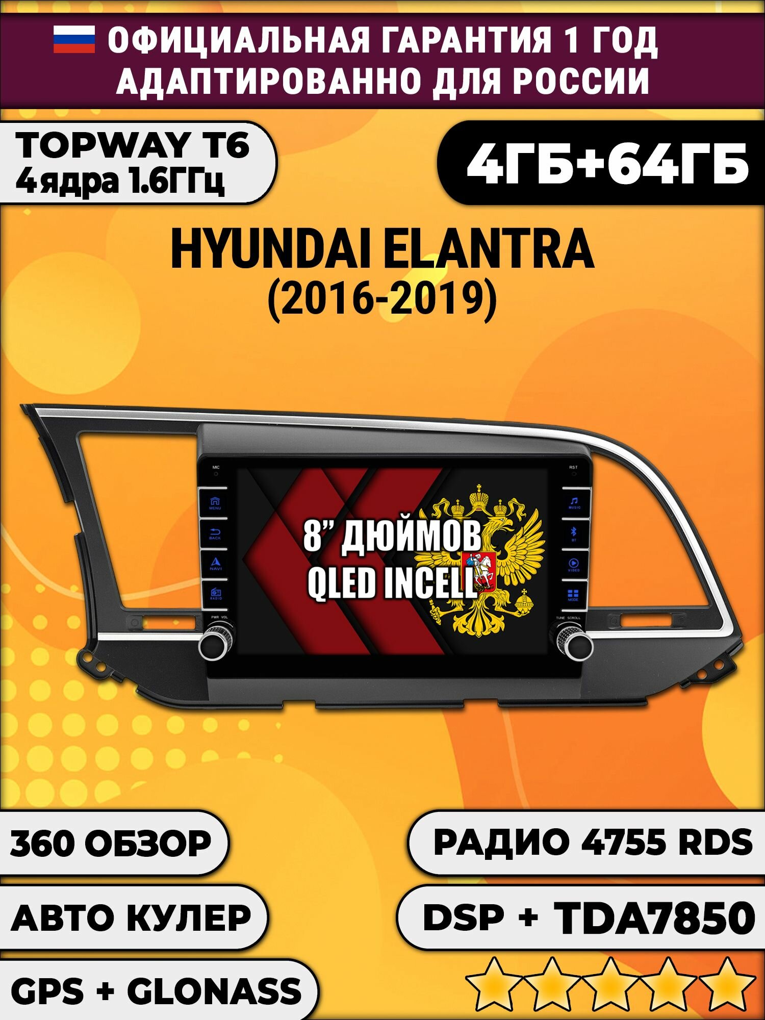 4гб+64гб с DSP и 360 для HYUNDAI ELANTRA (2016-2019), Android магнитола с DSP и усилителем TDA7850
