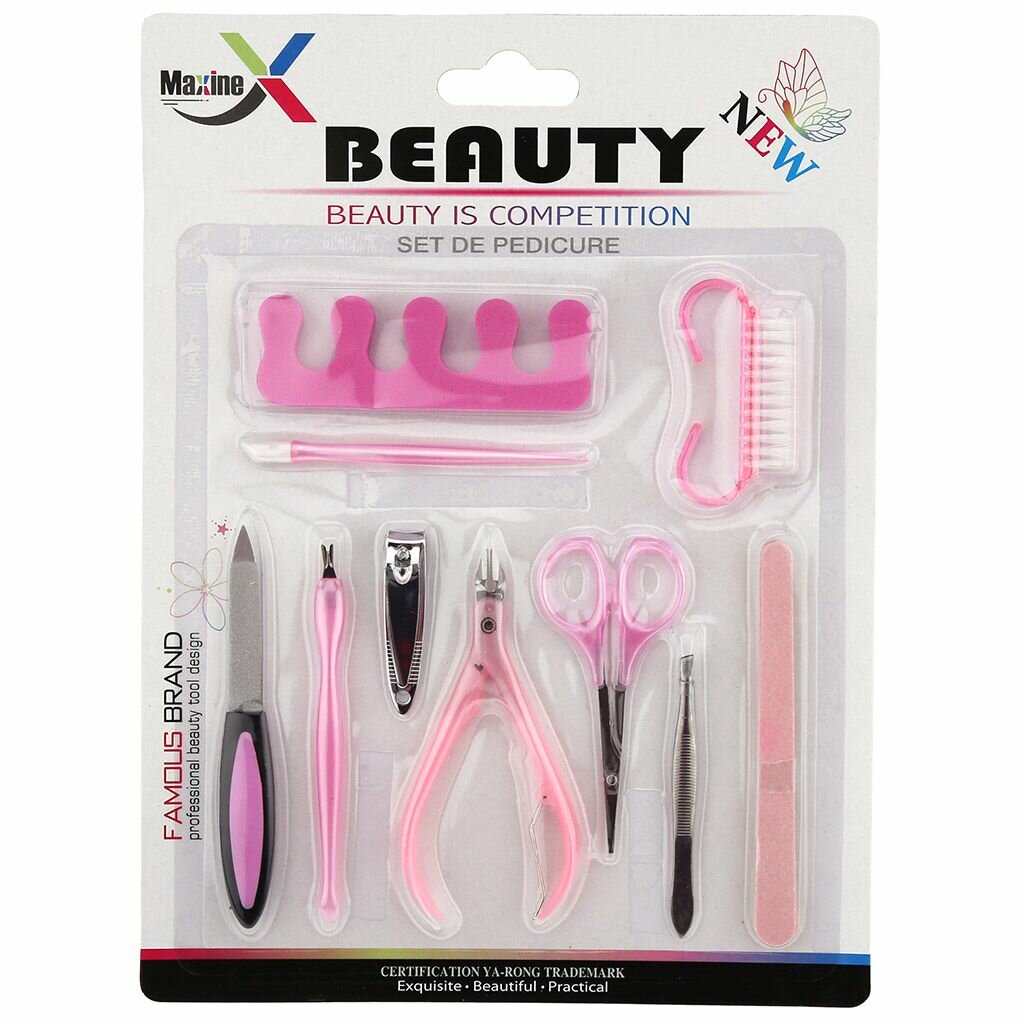 Педикюрный набор КНР 14 предметов: кусачки-книпсер, пилка, пилка 5 шт, триммер, пушер-лопатка, ножницы, кусачки-щипчики, пинцет, щетка (X-19)