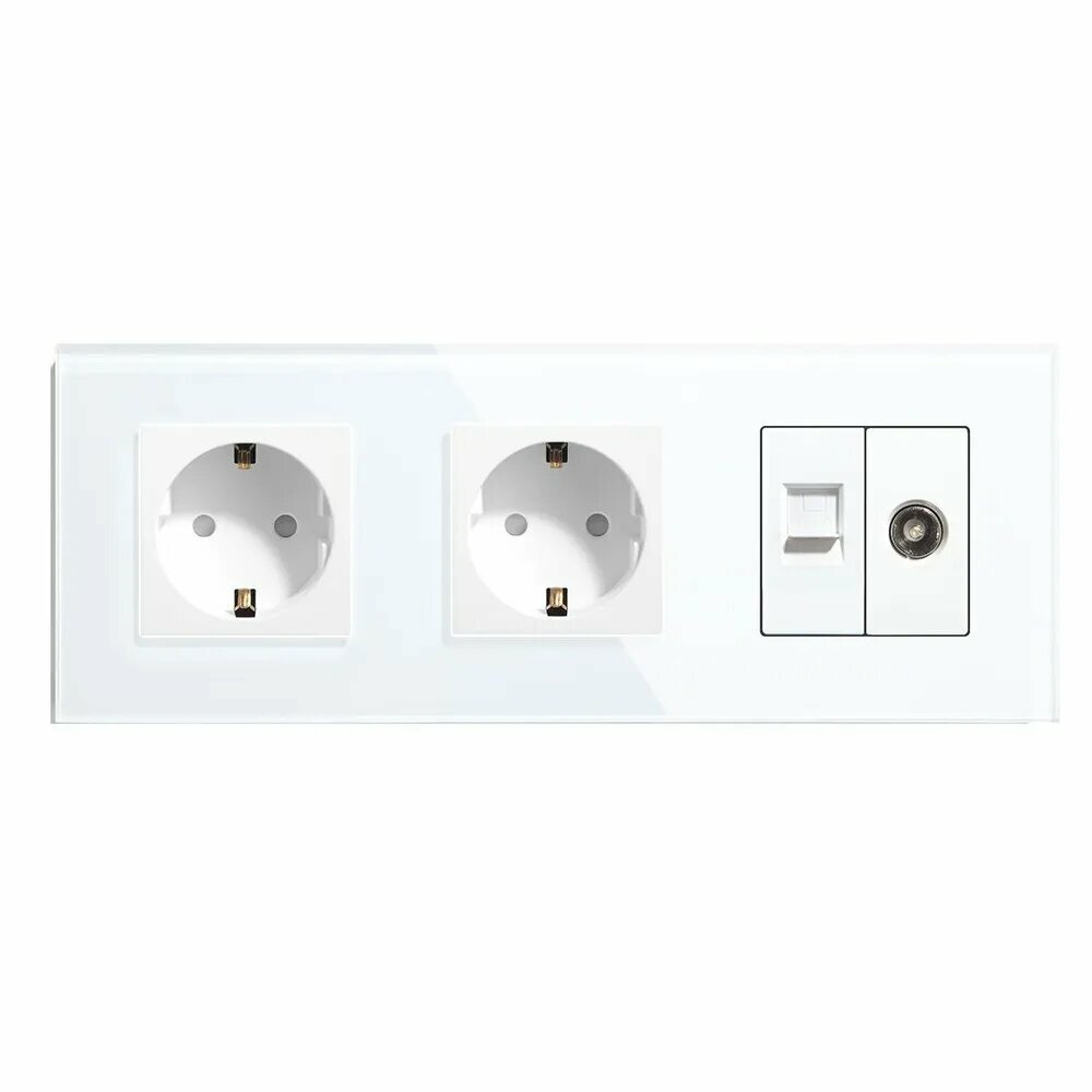 Розетка электрическая 3 поста 220В +Розетка ТВ-Компьютер RJ-45 CAT6 Белый Стекло