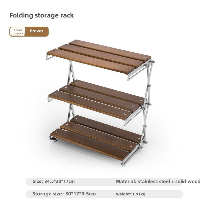 Outdoor Camping Three-layer Storage Rack Solid Wood Foldable Portable Camping Folding Table Mti-layer Mtifunctional Storage Table (Three layers-wood)