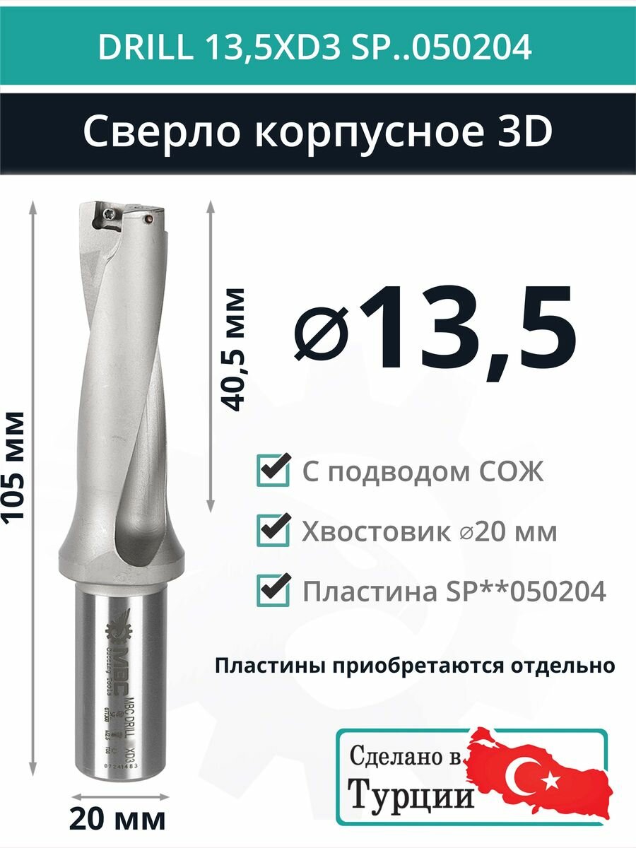 DRILL 13,5XD3 SP.050204 сверло корпусное - 13,5 мм / пластина SPMX 050204; SPMT 050204