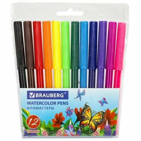 12 шт. Фломастеры BRAUBERG "Wonderful butterfly", 12 цветов, вентилируемый колпачок, пласт. упаковка, увеличенный срок службы, 150522