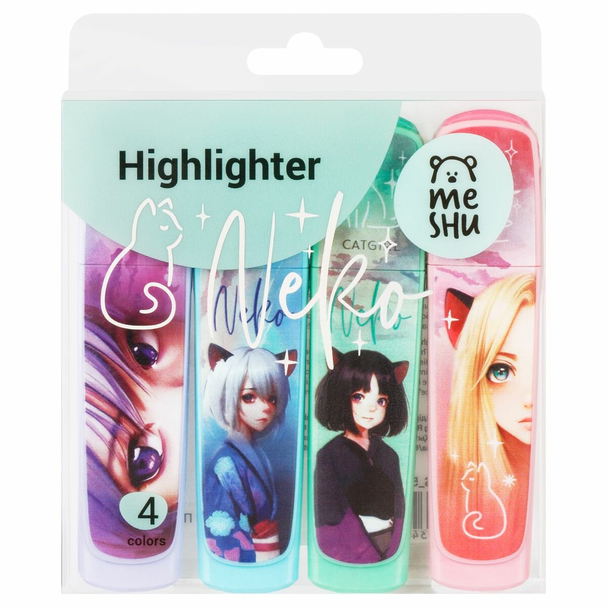 Набор текстовыделителей MESHU "Neko", 04цв, пастельные цвета, 1-5 мм, ПВХ бокс с европодвесом