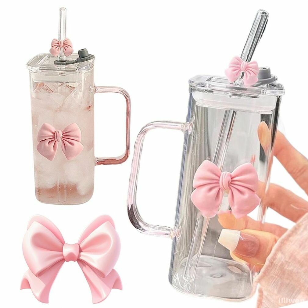 Эксклюзивный термостойкий стакан квадратной формы декорирован бантом и ручкой с трубочкой