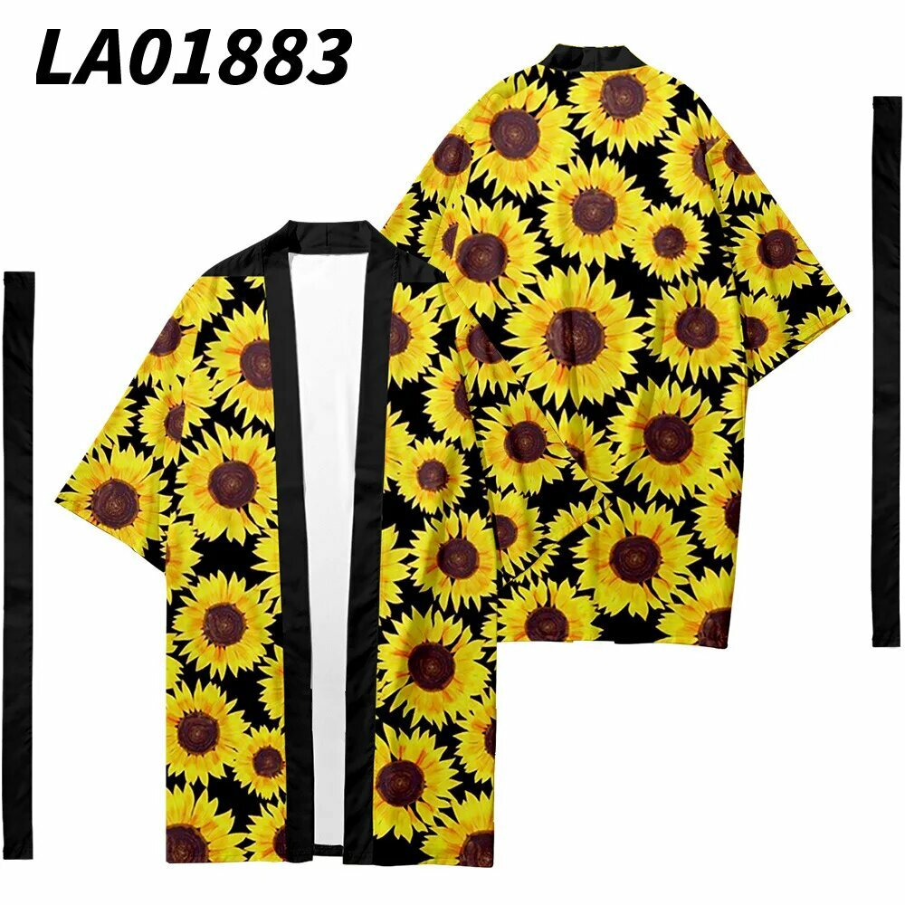 Черное японское кимоно с принтом Солнца и Луны Желтый, 4XL, style 22