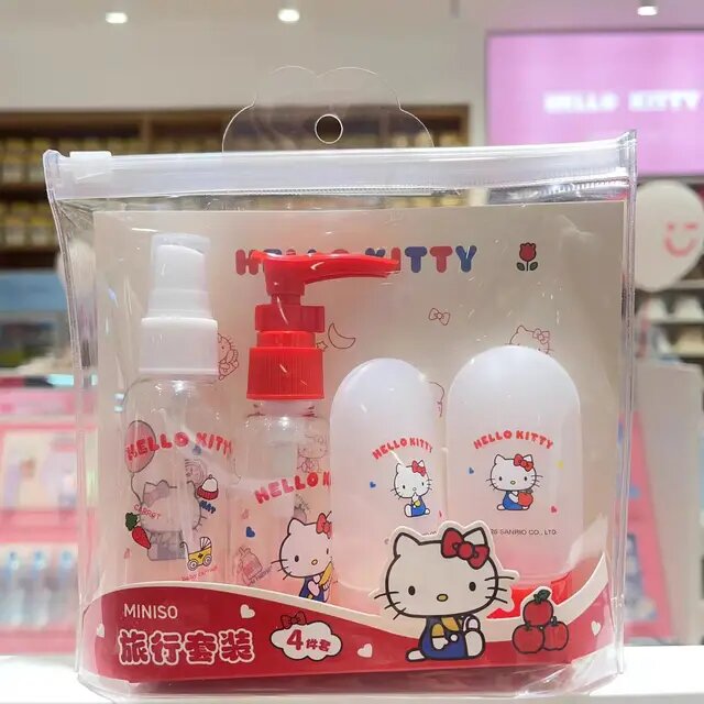 Дорожный набор туалетных принадлежностей Hello Kitty Melody Kuromi (4 предмета) - Герметичный флакон-распылитель - Милая серия для обладателей темной кожи - Незаменимый летний аксессуар