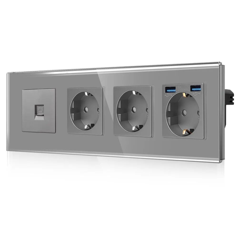 Розетка с USB-портами и интернетом / Rj-45,4 поста, серый Закаленное стекло.
