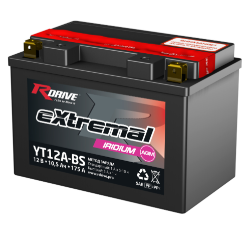Аккумулятор мотоциклетный RDRIVE IRIDIUM YT12A-BS 11 А. ч 175А ПП (150x87x104) 150x87x104